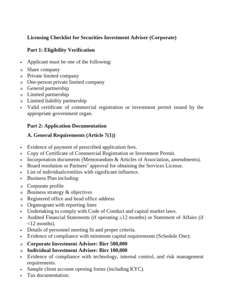 Licensing Checklist for Securities Investment Adviser | PDF ...