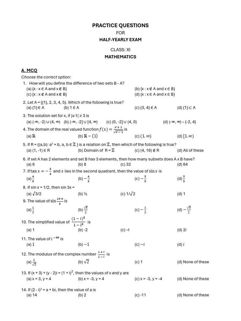 PRACTICE QUESTIONS For HYE Class XI Maths | PDF | Function (Mathematics ...