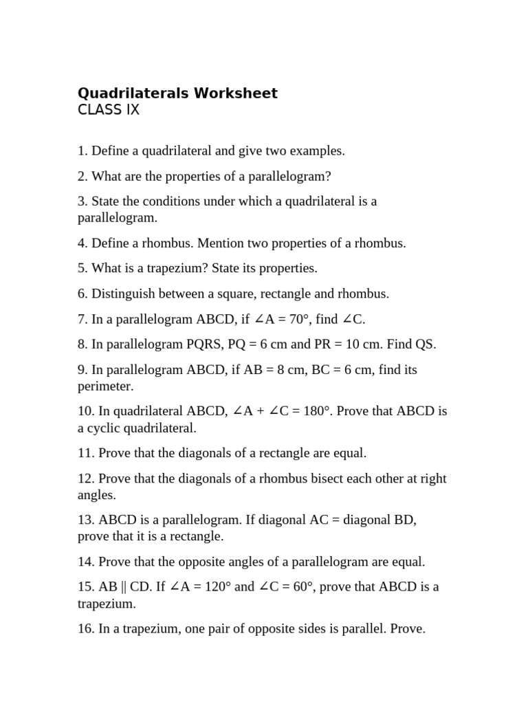 Quadrilaterals Worksheet for Class IX | PDF
