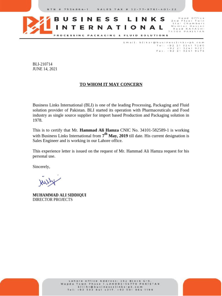 Experience Letter for Hammad Ali Hamza | PDF