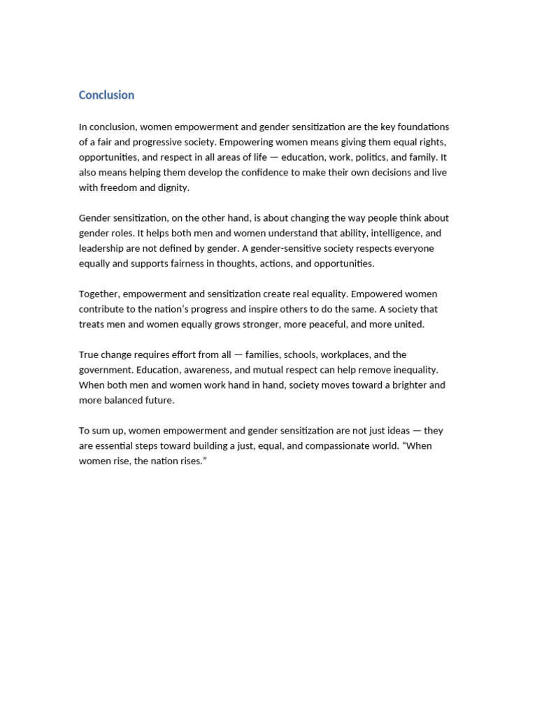Short Conclusion Women Empowerment and Gender Sensitization | PDF