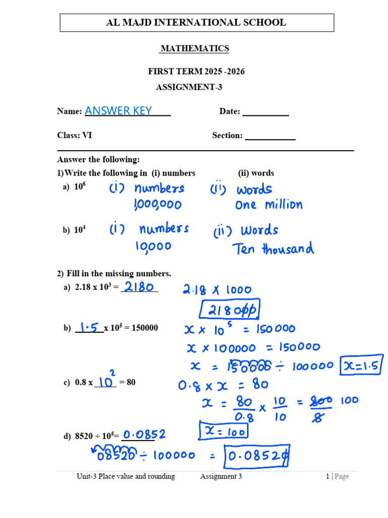 Grade 6 First Term Assignment 3 - Answer Key | PDF