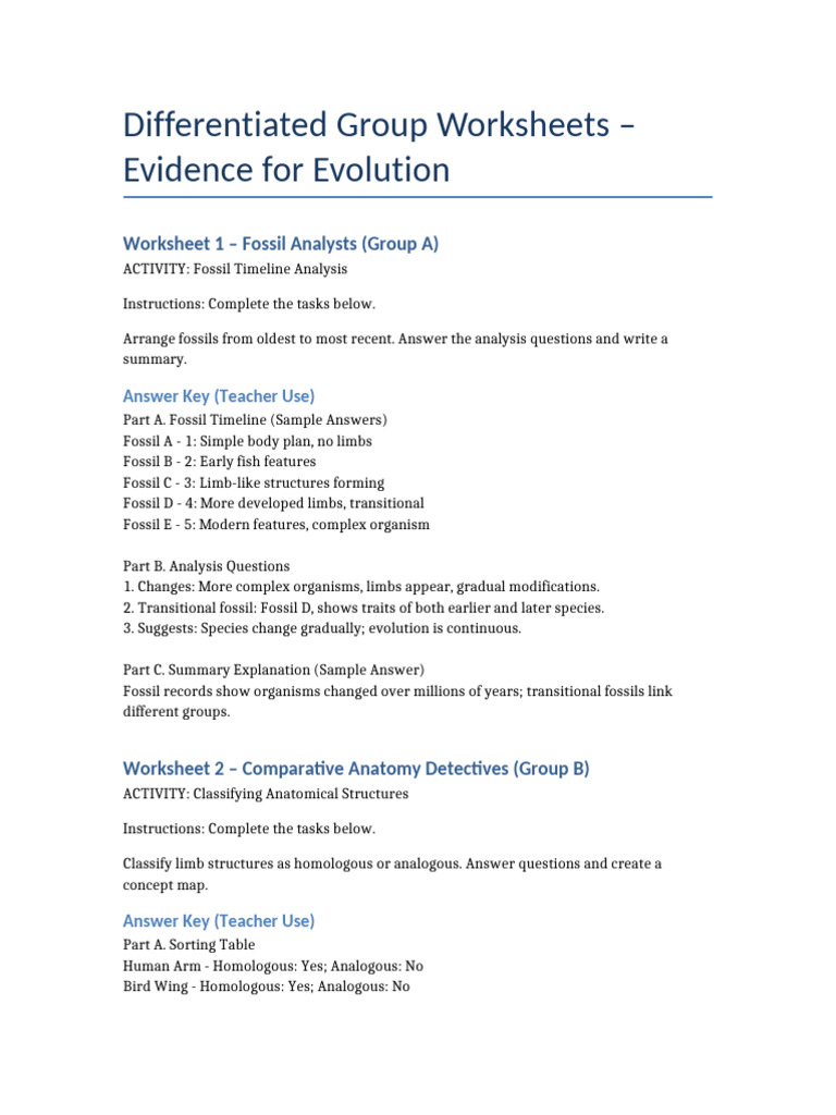 Evolution Evidence Worksheets | PDF | Homology (Biology) | Evolution