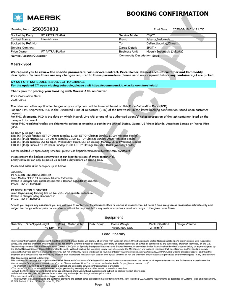 Maersk Booking Confirmation: Jakarta to Dalian | PDF | Indemnity ...