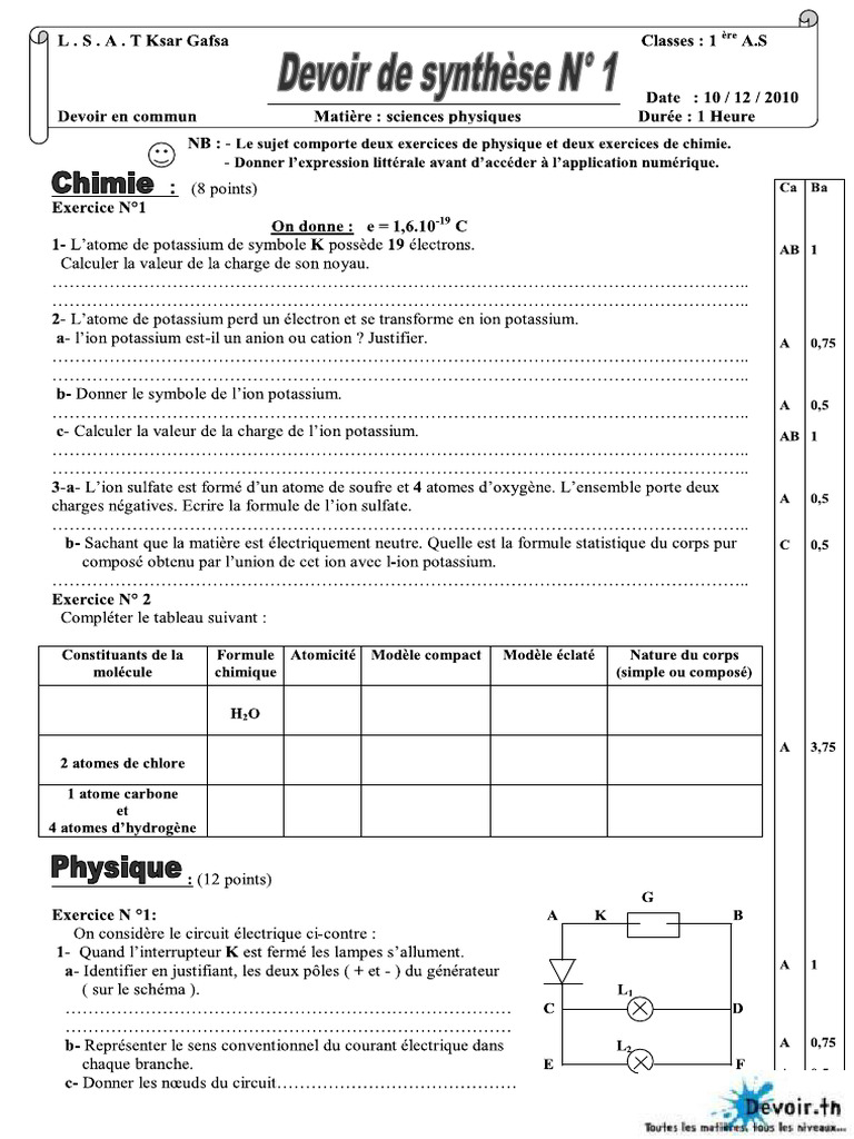 Devoir de sciences physiques 1ère A.S | PDF | Ion | Atomes
