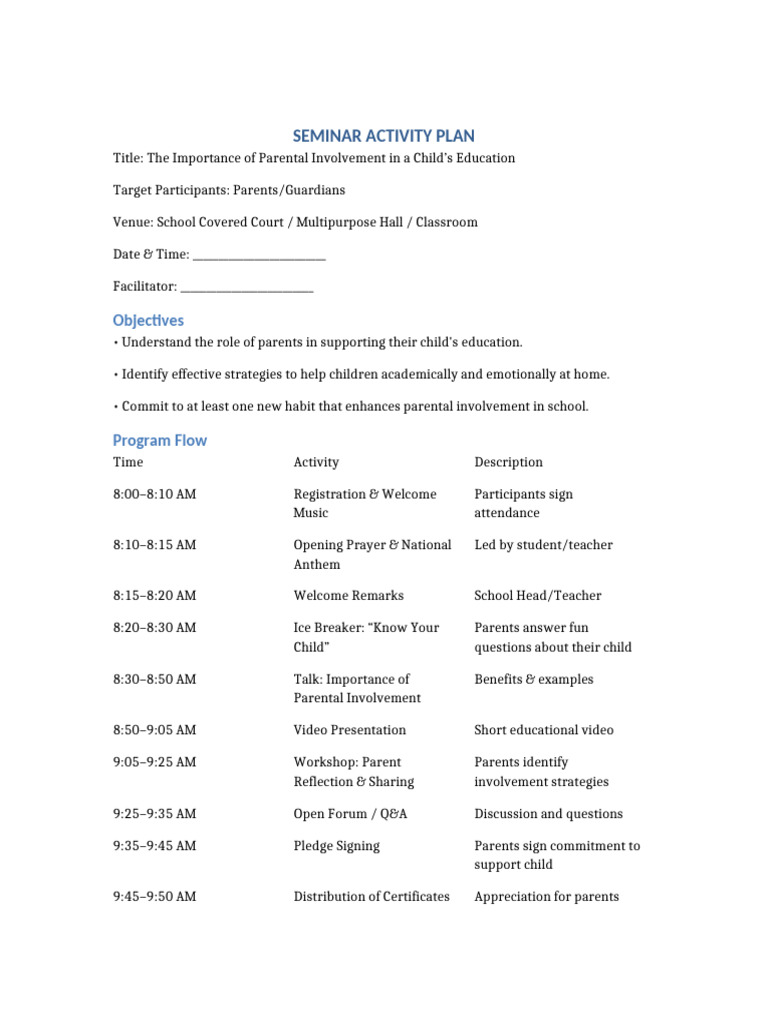 Parental Involvement Seminar Activity Plan | PDF | Behavior ...