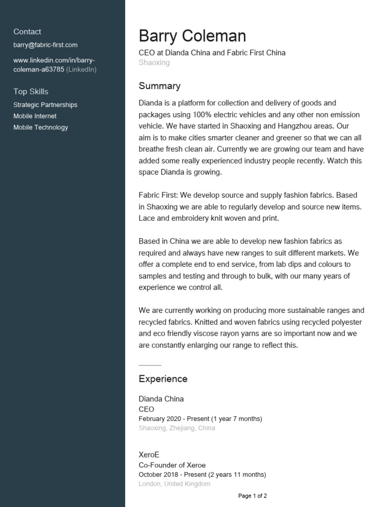 Barry Coleman: CEO in Sustainable Textiles | PDF | Textiles | Textile Arts