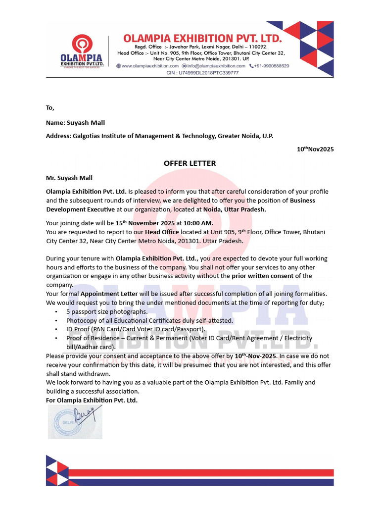 Suyash Mall Offer Letter | PDF | Identity Document