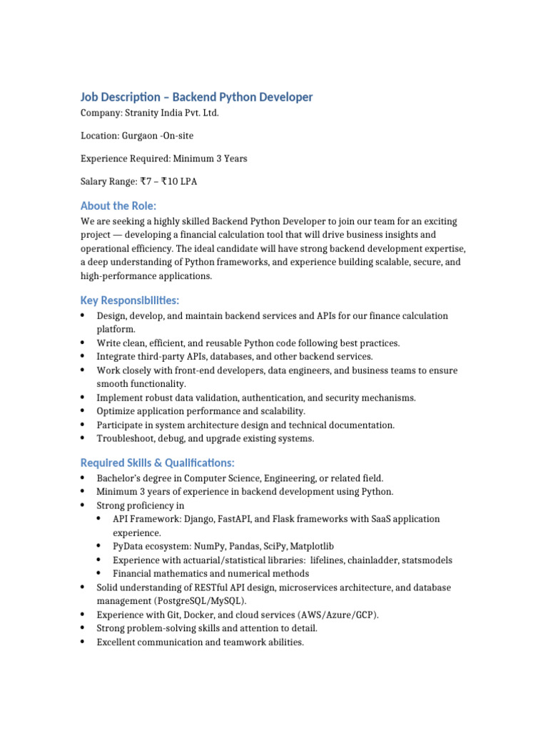 Backend Python Developer JD Stranity India v2 | PDF | Python ...