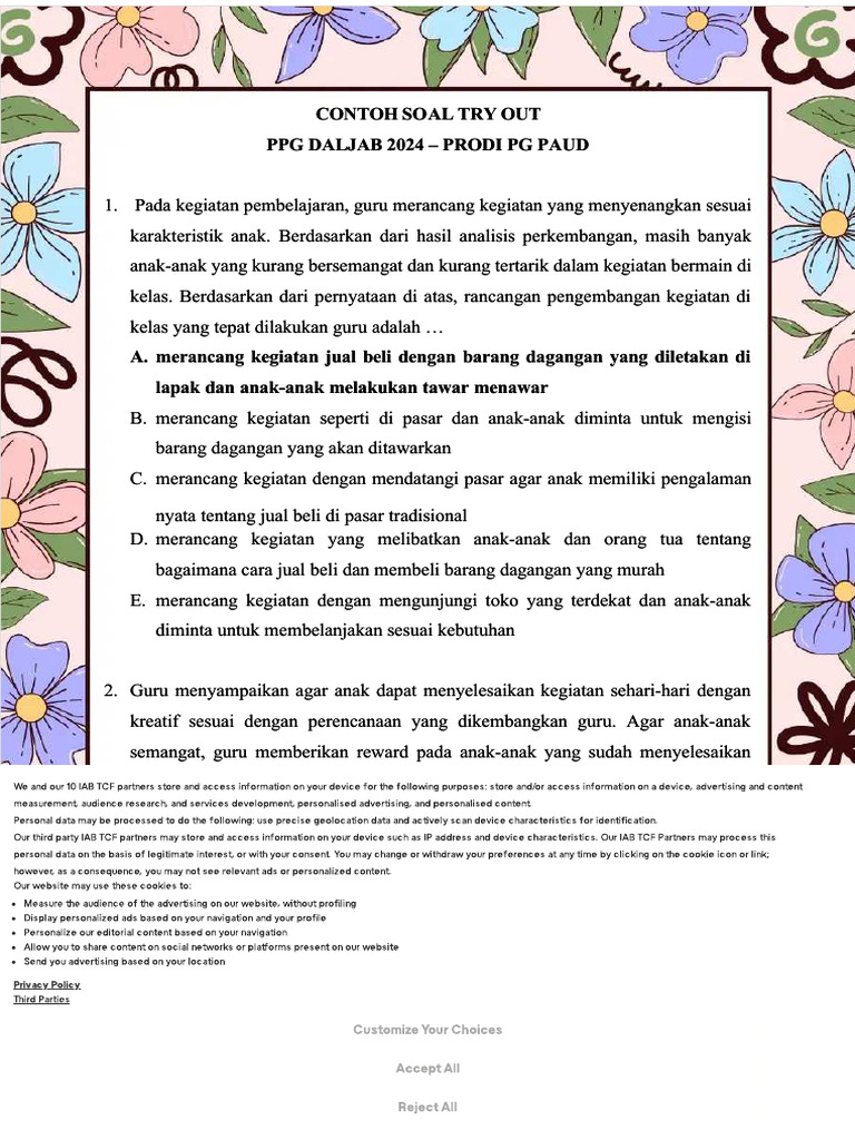 Contoh Soal Try Out PPG PAUD 2024 | PDF