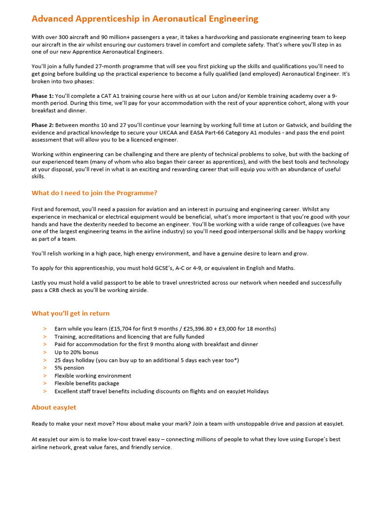 EasyJet Aeronautical Engineering Apprenticeship | PDF | Apprenticeship