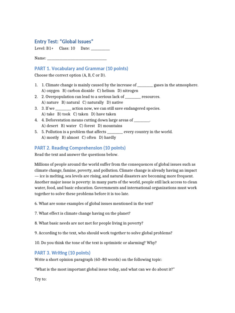 Entry Test Global Issues Grade10 | PDF