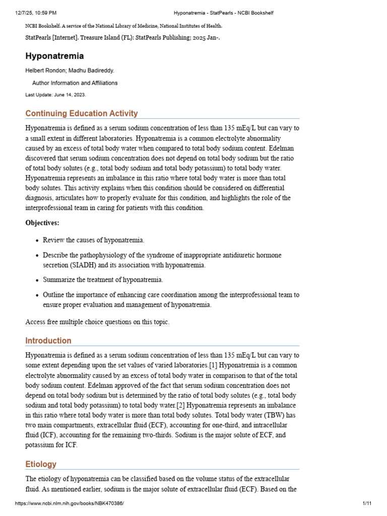 Understanding Hyponatremia Causes & Treatment | PDF | Diseases And ...