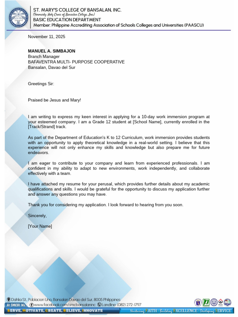 Sample Application Letter (Pre-Immersion) | PDF