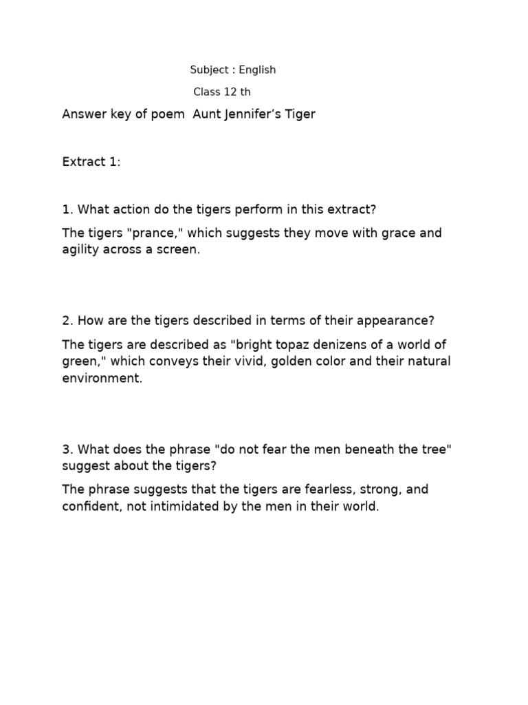 Aunt Jennifer’s Tigers: Poem Analysis | PDF | Fear | Anxiety