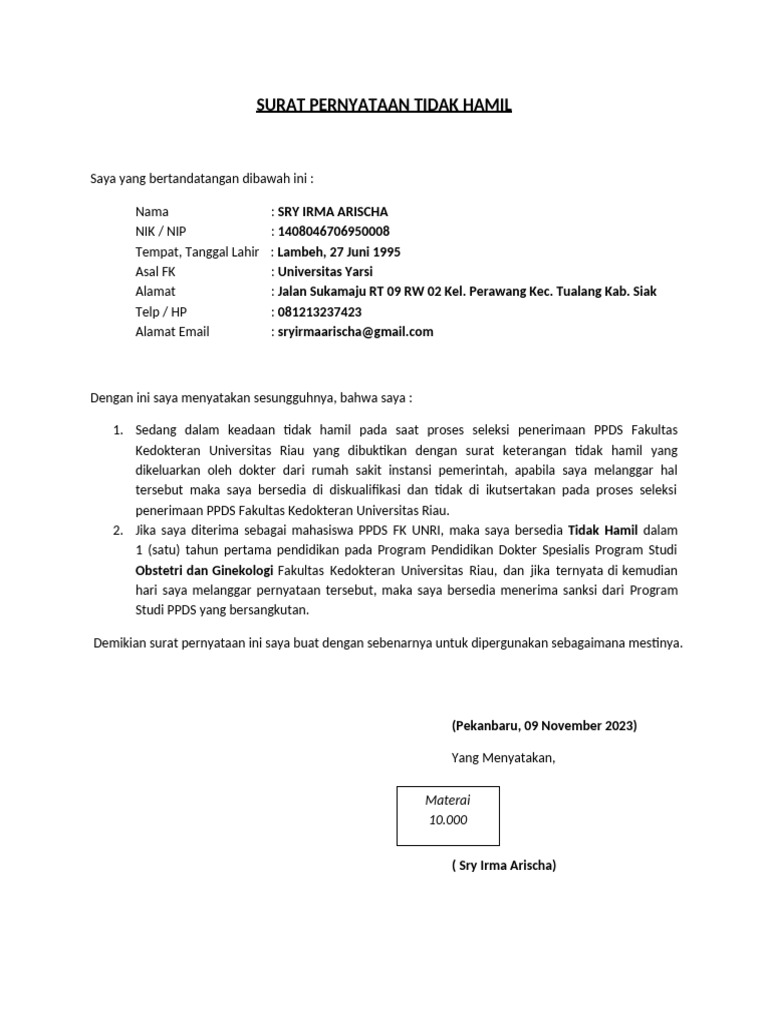 Surat Pernyataan Tidak Hamil PPDS FK UNRI | PDF