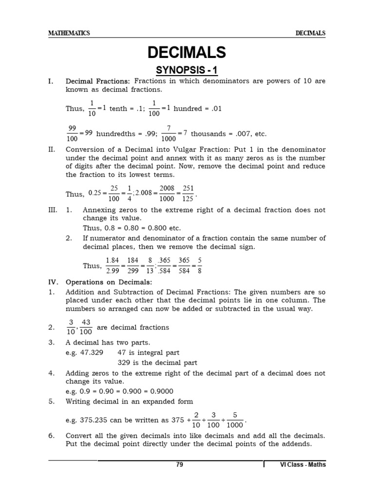 Understanding Decimals for VI Class | PDF | Numbers | Decimal