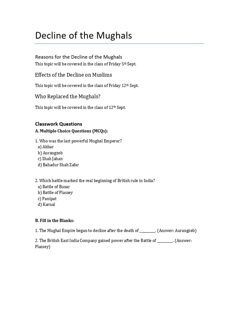 Decline of The Mughals History Gr6&7 Planning | PDF | Mughal Empire