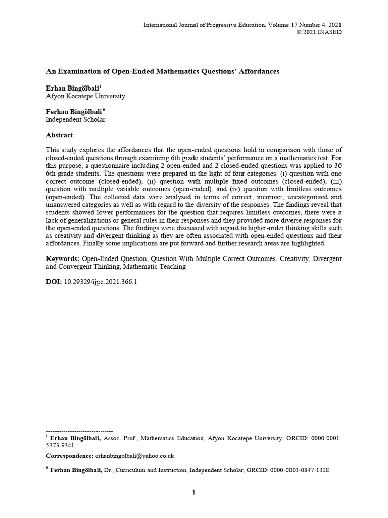 Affordances of Open-Ended Math Questions | PDF | Creativity | Arithmetic