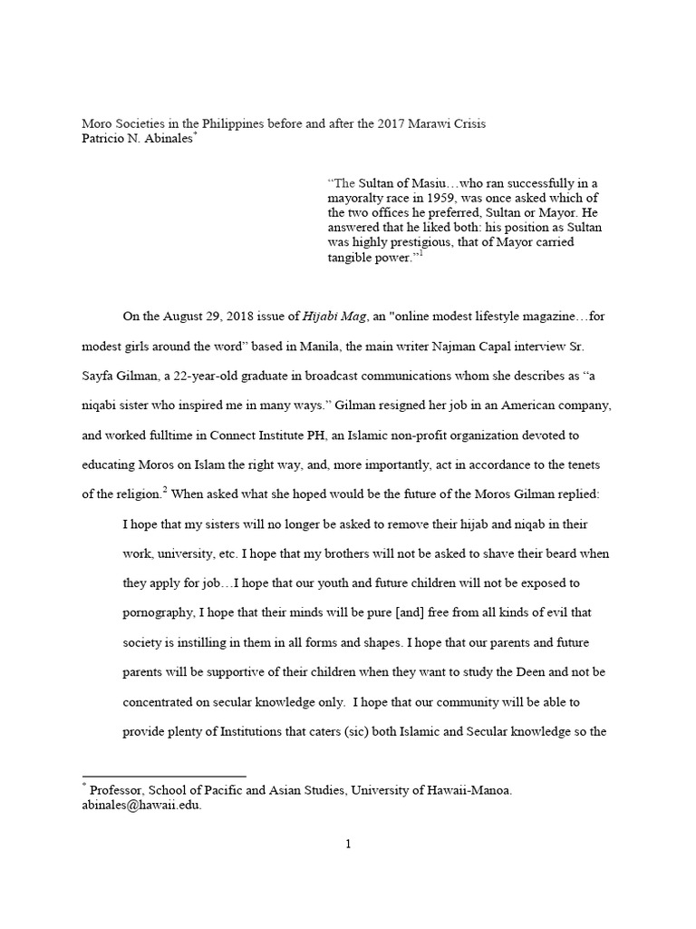 Abinales Symposium Manuscript Moro Societies | PDF