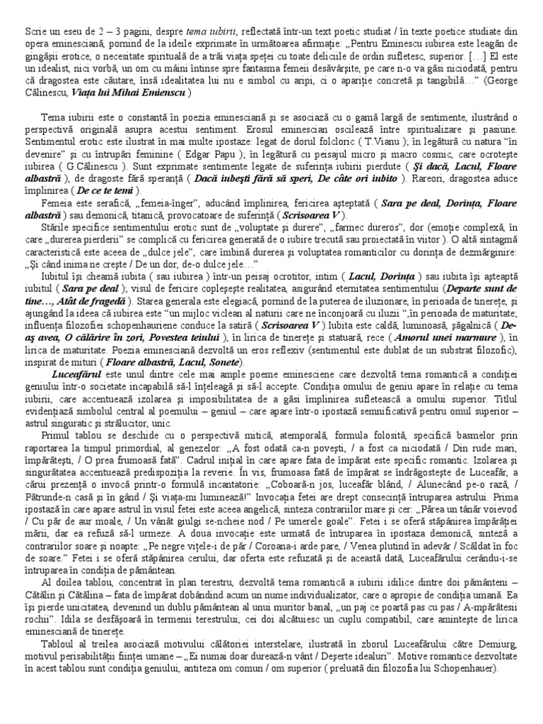 Tema Iubirii Text Texte de Eminescu1 | PDF