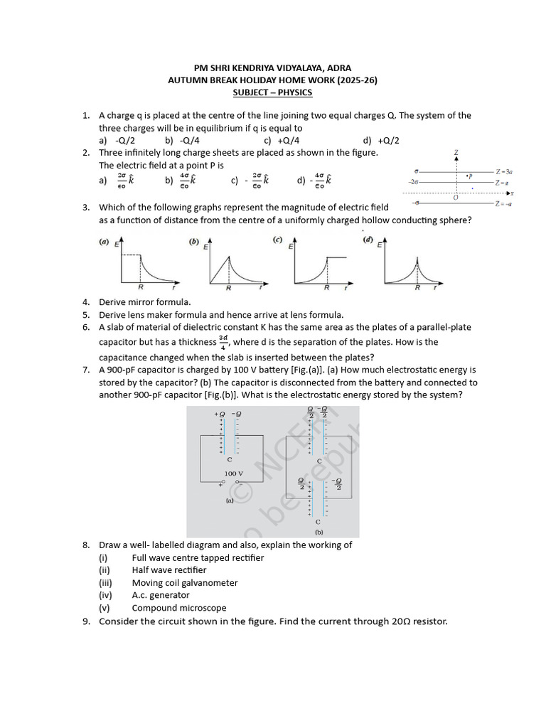 Physics Holiday Hw(Xii) | PDF