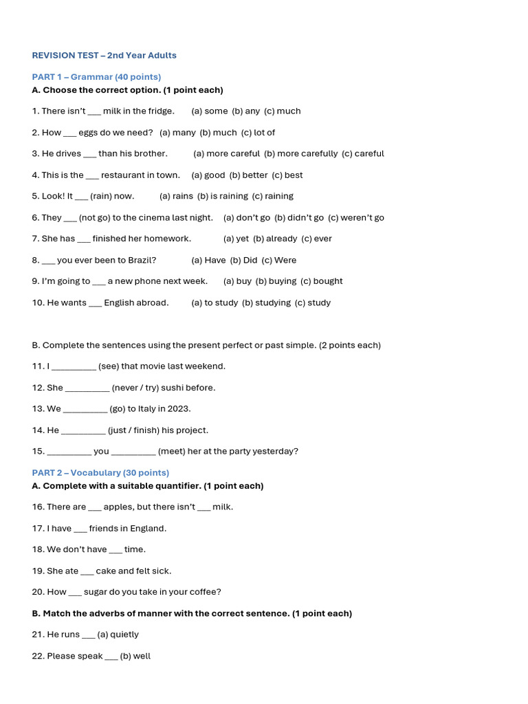 2nd Year Adults English Revision Test | PDF | Linguistics | Syntax