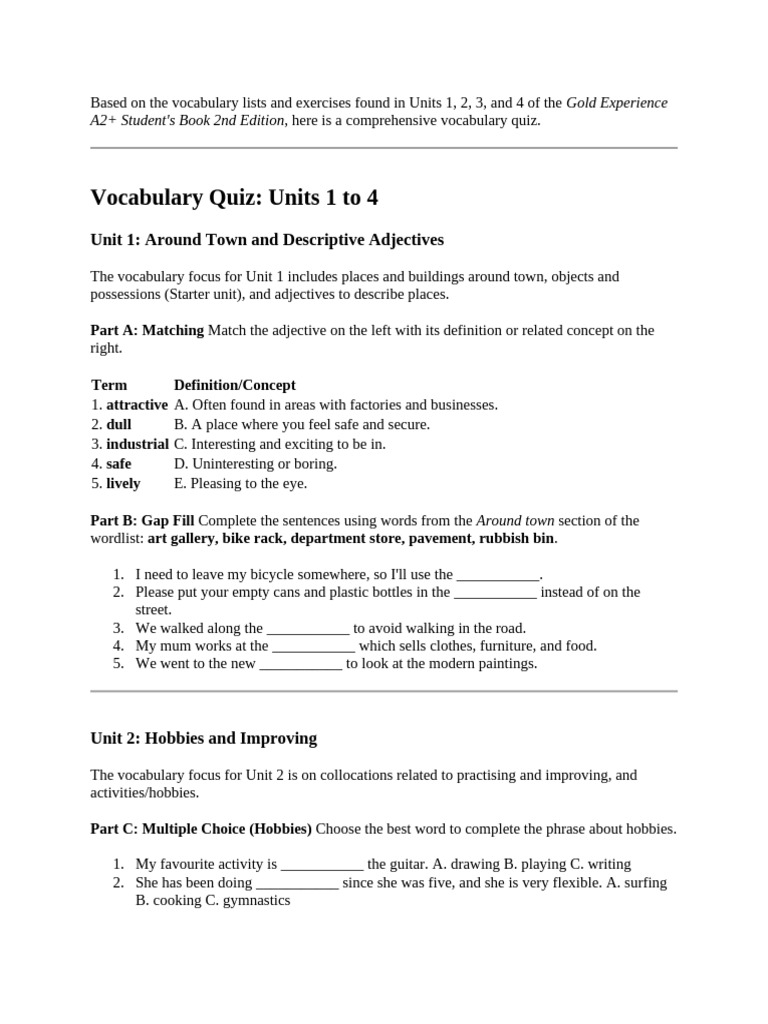 Vocabulary and Grammar Quiz A2+ Units 1-4 | PDF | Plural | Noun
