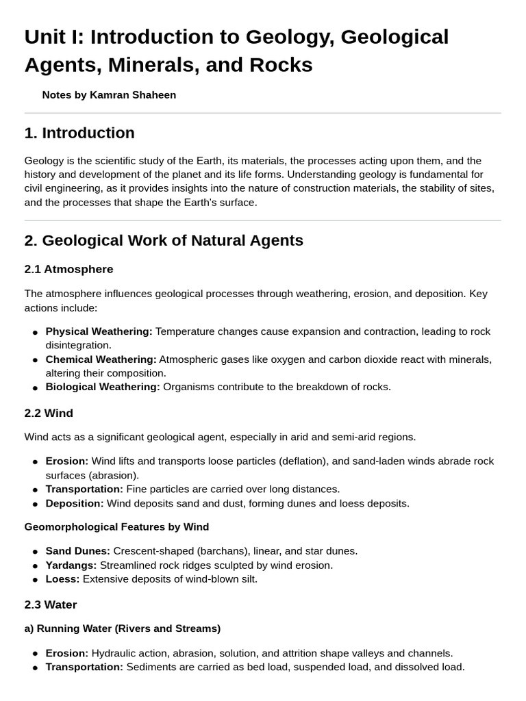Unit I Introduction To Geology, Geological Agents, Minerals, and Rocks ...
