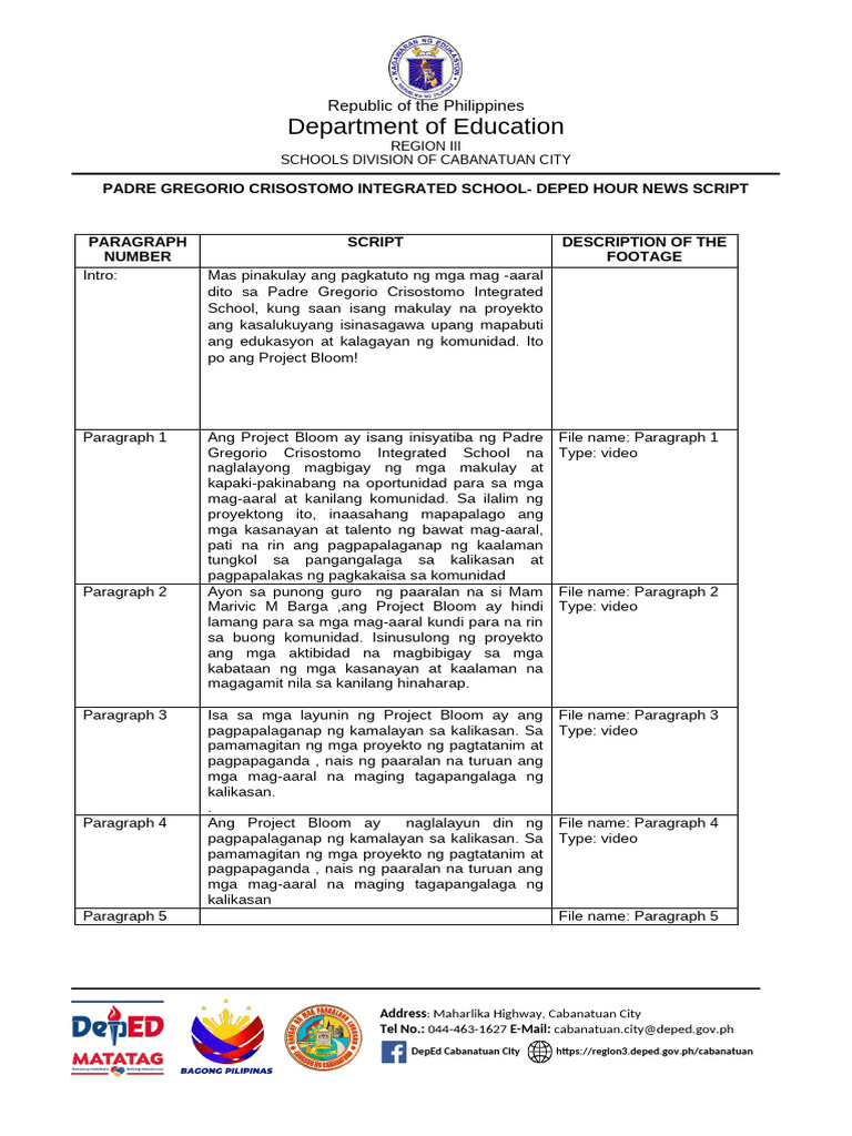 Script-DepEd-Hour - PROJECT BLOOM | PDF