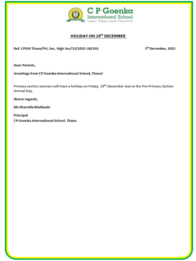 Holiday on 19th December Pre Primary Annual Day | PDF