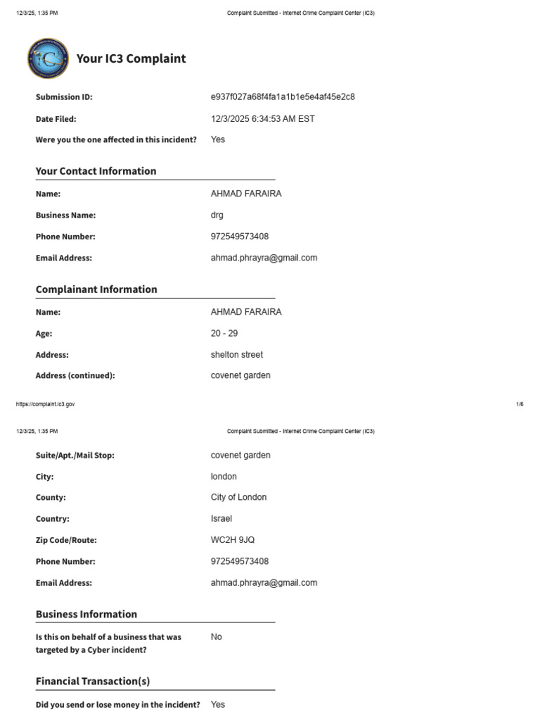 Complaint Submitted - Internet Crime Complaint Center (IC3) | PDF ...