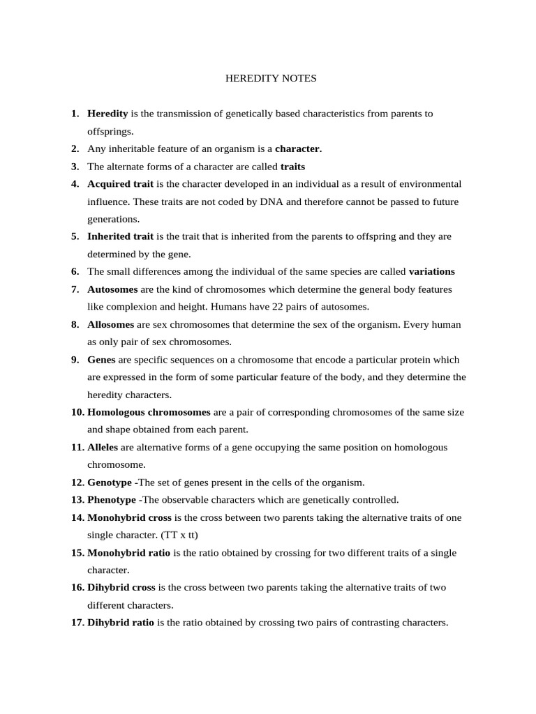Heredity Notes | PDF | Genotype | Dominance (Genetics)