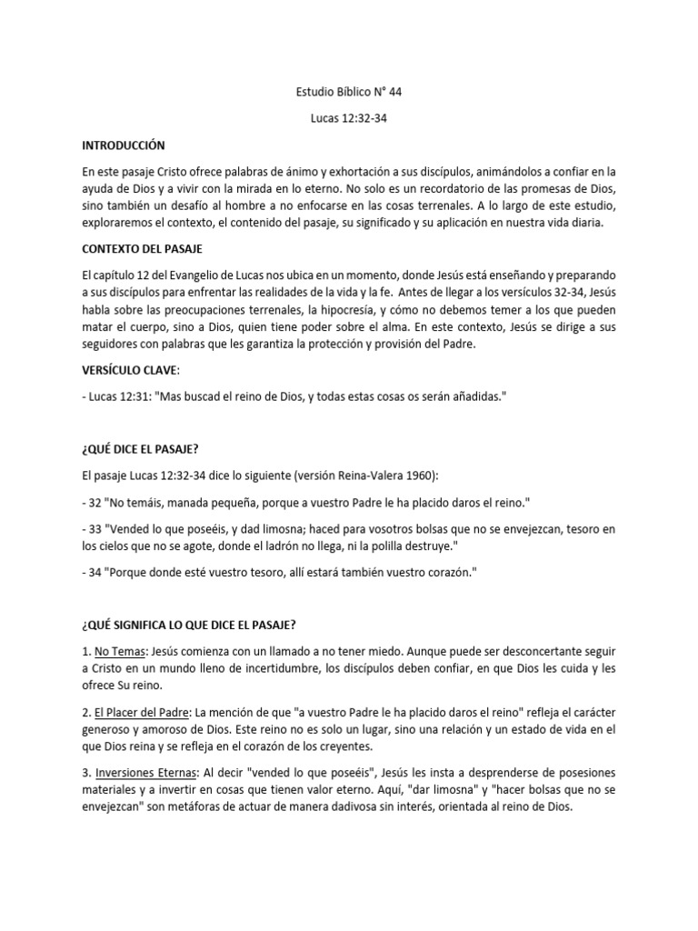 Confianza y Tesoro en Lucas 12:32-34 | PDF | Jesús | Amor