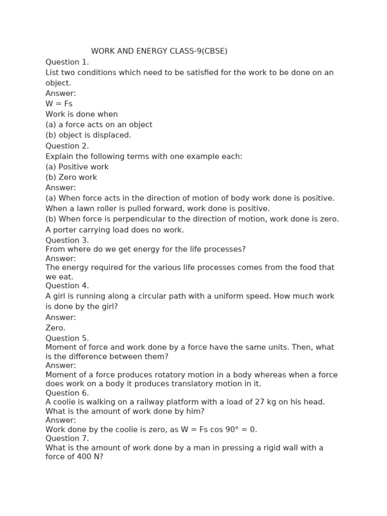 Work and Energy Concepts for Class 9 | PDF | Potential Energy | Kinetic ...