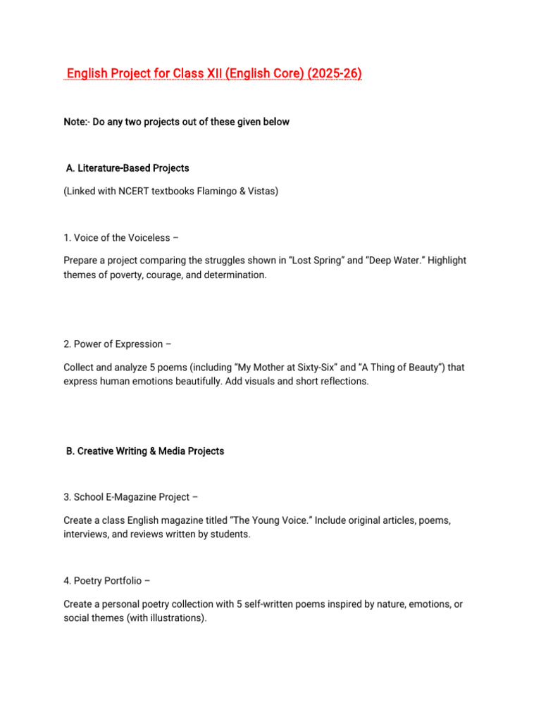 Class XII English Project Ideas 2025-26 | PDF