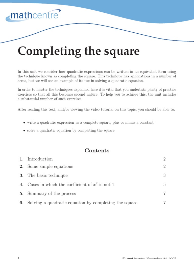 Completing Square | PDF | Quadratic Equation | Equations
