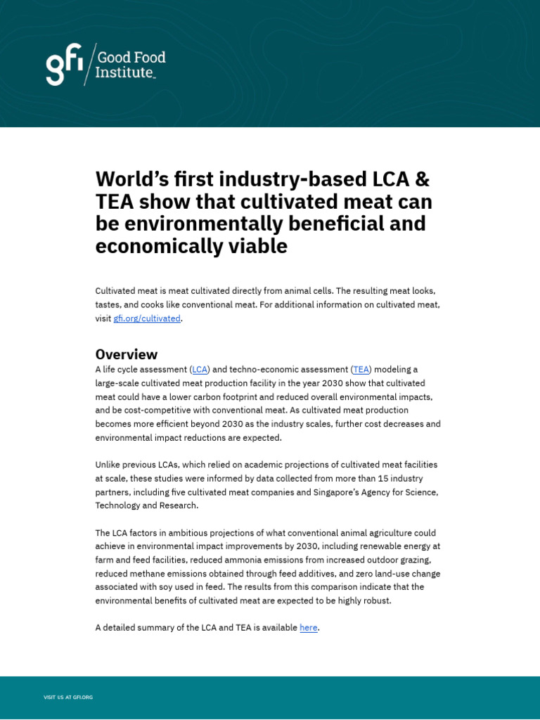 Cultured Meat LCA TEA Policy Fact Sheet | PDF | Life Cycle Assessment ...