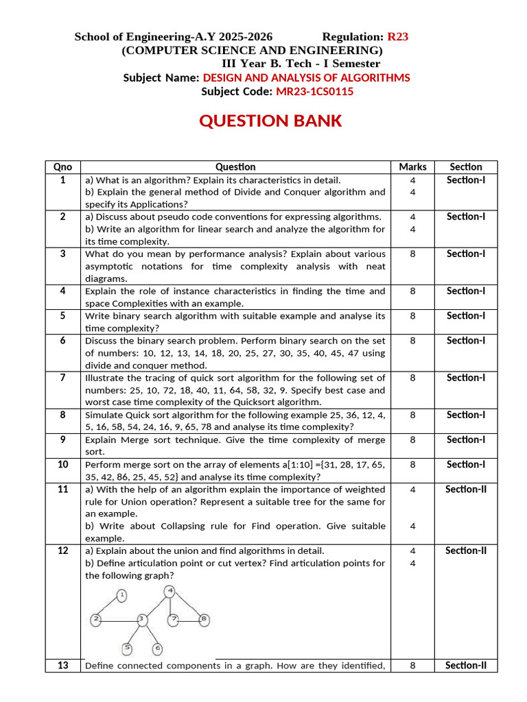 Design and Analysis of Algorithms (MR23-1CS0115) QUESTION BANK R23 | PDF | Dynamic Programming ...