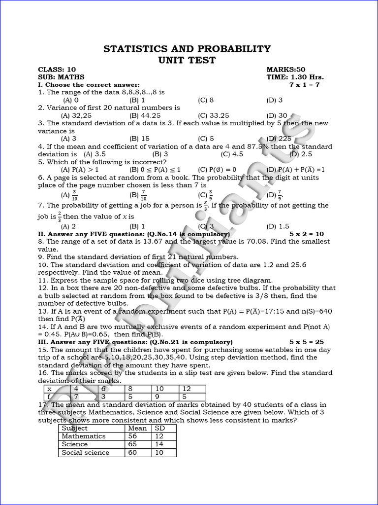 10th Maths EM Statistics and Probability Unit Test 2 Question Paper ...