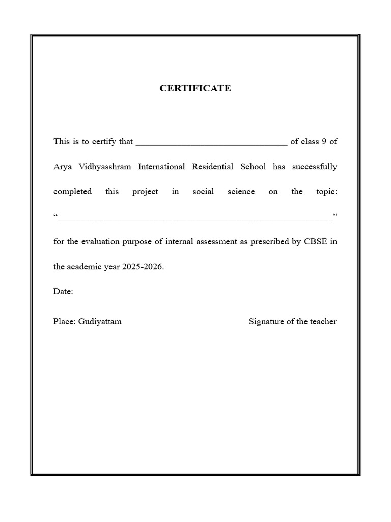 Class 9 Social Science Project Certificate | PDF