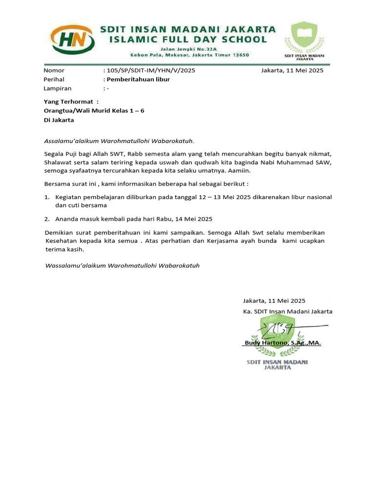 105 Surat Pemberitahuan Libur | PDF