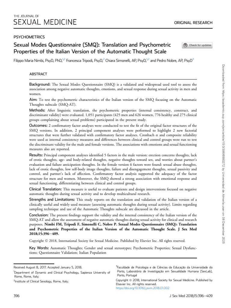 Italian SMQ: Psychometric Validation Study | PDF | Sexual Arousal ...