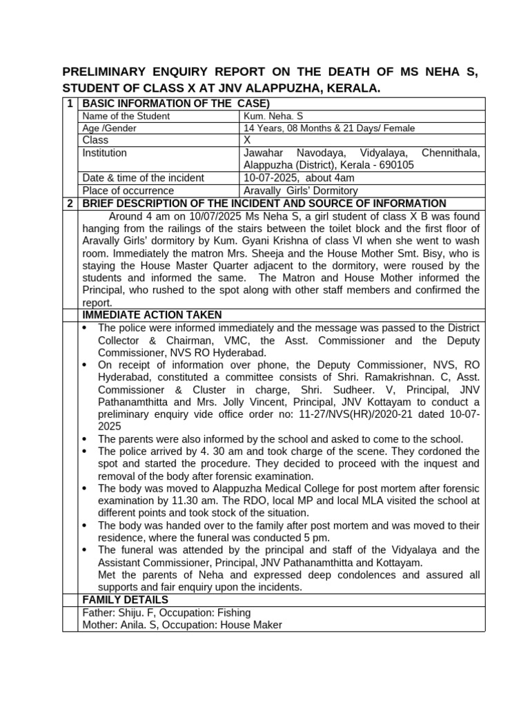 Preliminary Report: Neha S. Death Inquiry | PDF
