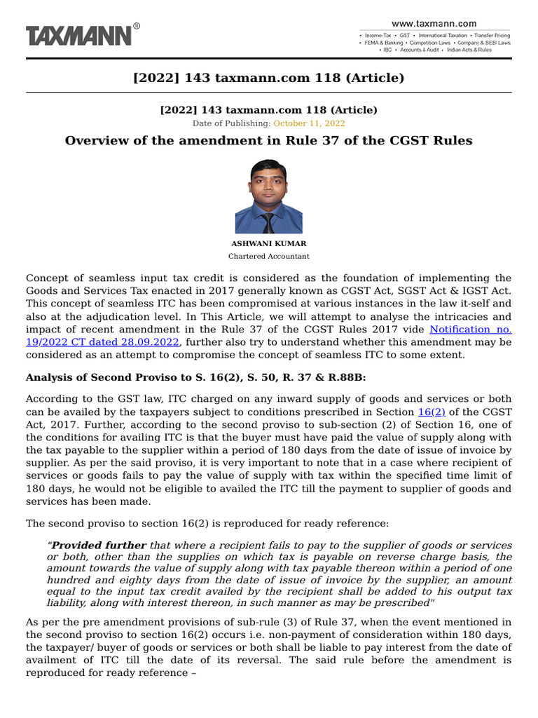 Overview of The Amendment in Rule 37 of The CGST Rules - Amod | PDF ...