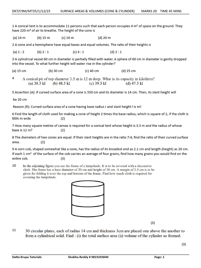 c9 MT 35 Surface Areas & Volumes (Cone & Cylinder) 1st Dec '25 | PDF