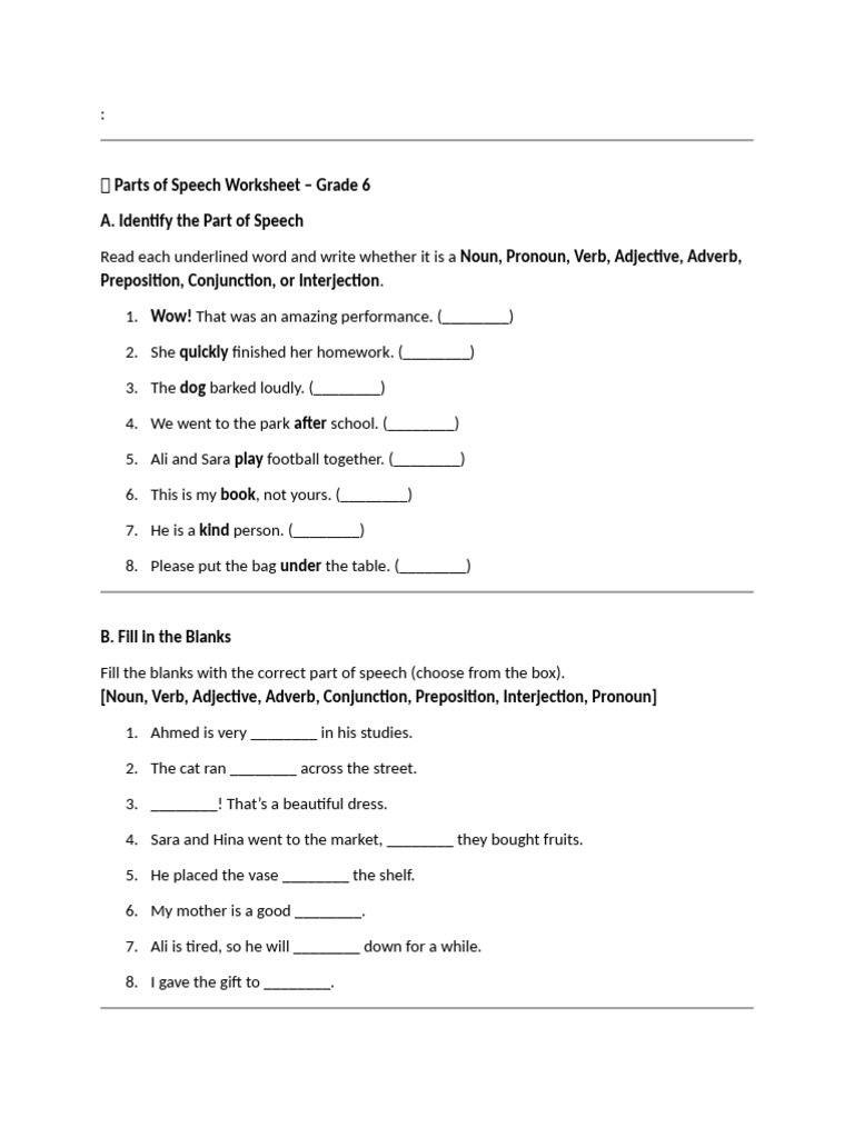 Grade 6 Parts of Speech Worksheet | PDF | Part Of Speech | Adverb