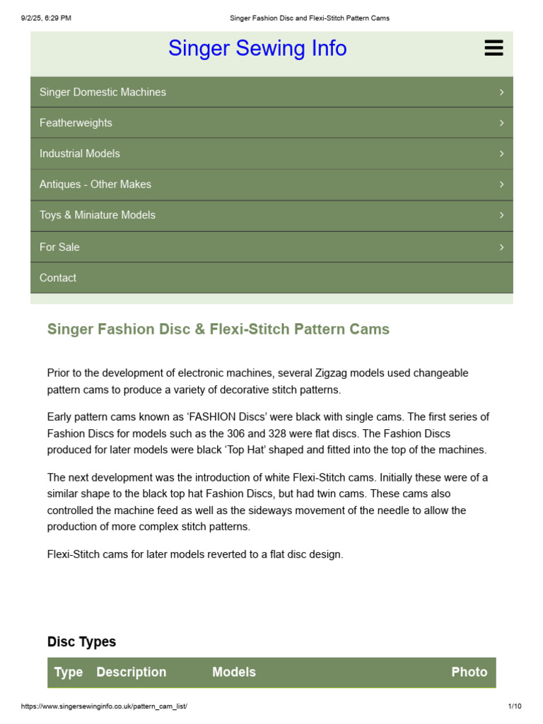Singer Pattern Cams Guide | PDF