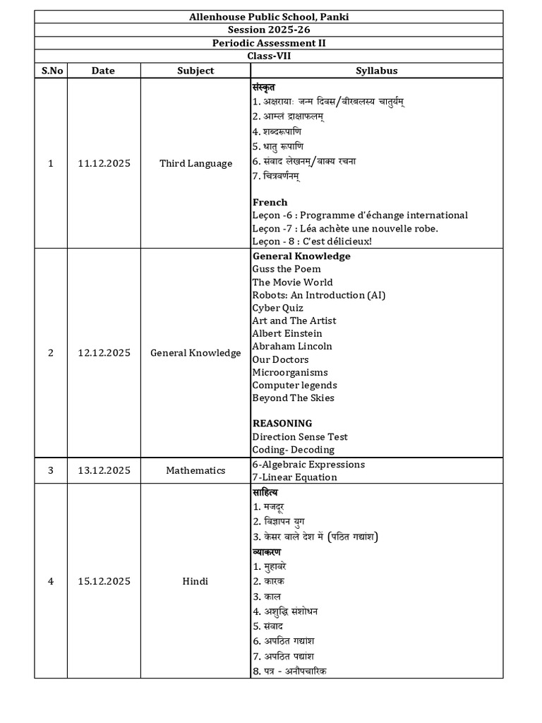 Class VII PA II Datesheet and Syllabus-1 | PDF | Linguistics