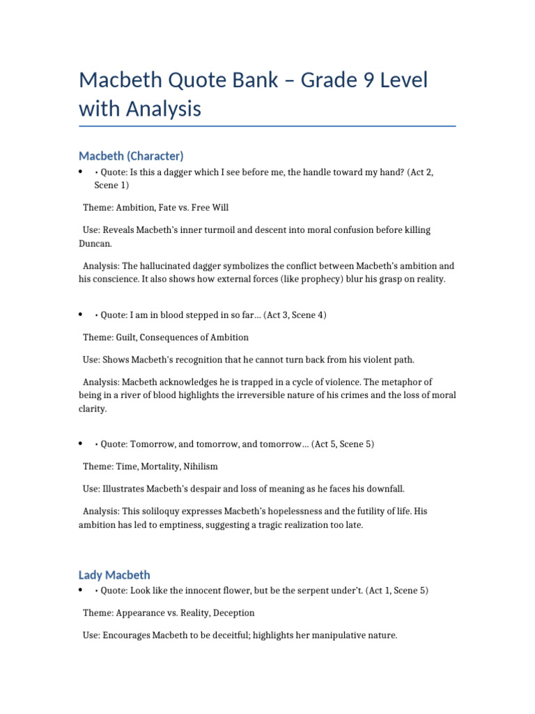 Macbeth Quote Analysis for Grade 9 | PDF | Macbeth | Shakespearean ...